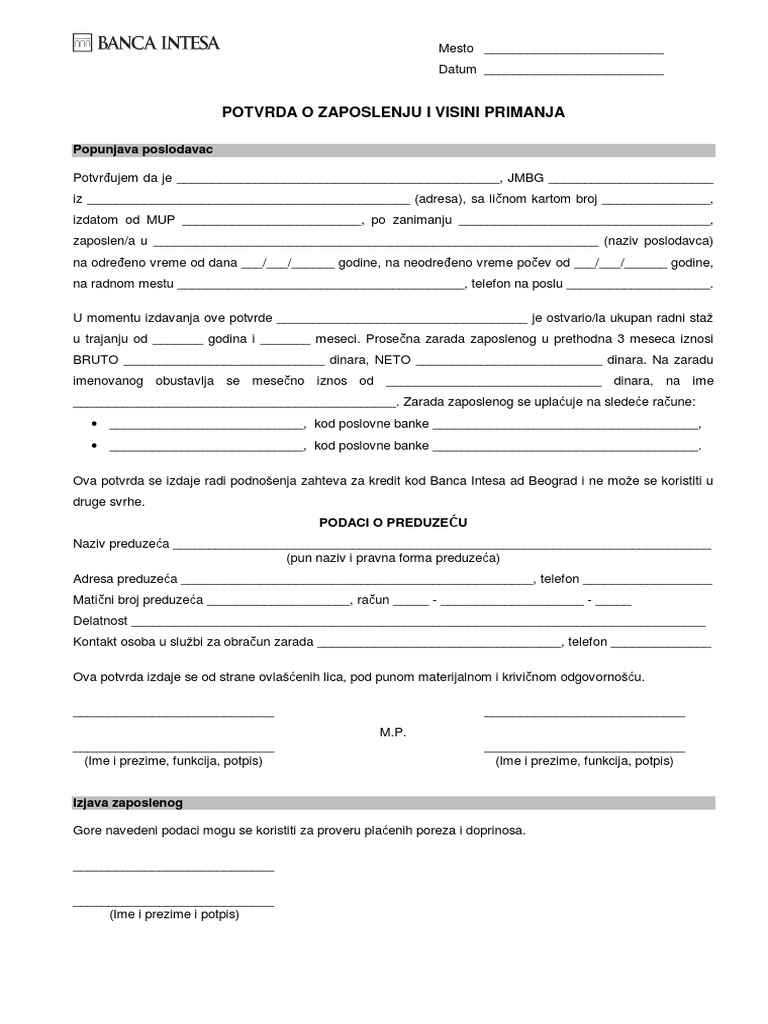 Potvrda o Zaposlenju I Visini Primanja | PDF