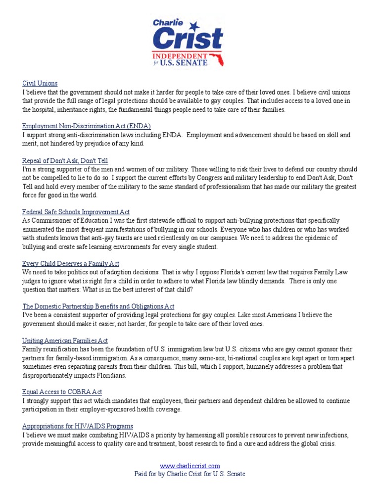 Governor Charlie Crist LGBT Position Paper | PDF | Lgbt Rights In The ...