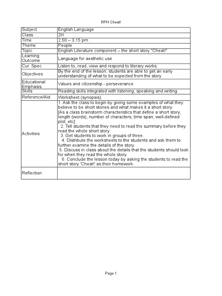 RPH For Short Stories Cheat! | PDF | Reading (Process) | English Language