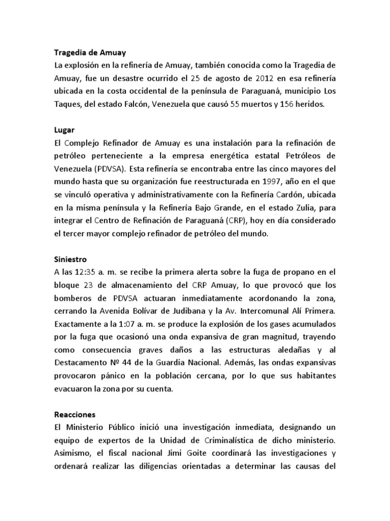 Tragedia de Amuay: Explosión 2012 | PDF | Venezuela | Desastres y ...
