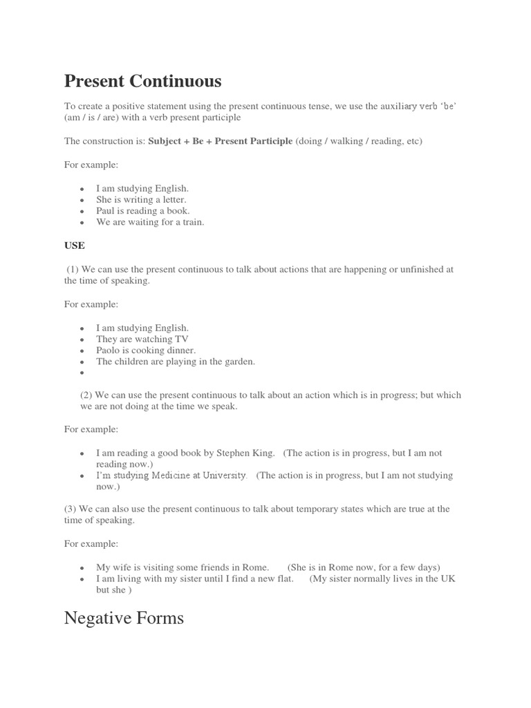 Present Continuous: Negative Forms | PDF | Verb | Syntax