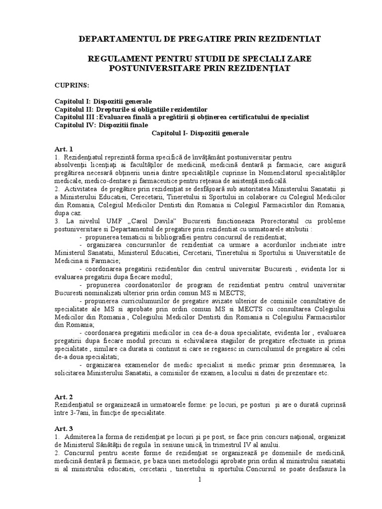 Regulament Rezidentiat PDF | PDF