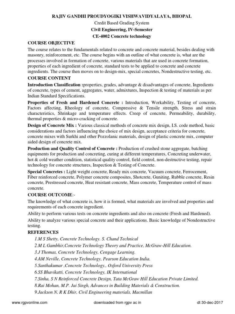 RGPV Syllabus Cbgs Ce 4 Sem Ce 4002 Concrete Technology | PDF ...