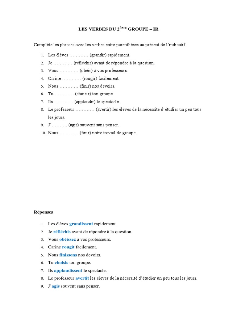 Exercices sur les verbes en -ir | PDF