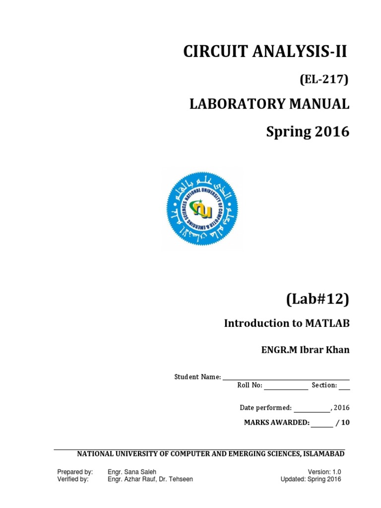 Circuit Analysis-Ii: Laboratory Manual Spring 2016 | PDF | Matlab | Laplace Transform