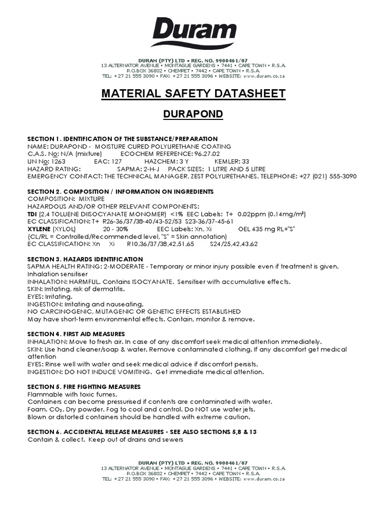 Durapond Safety Sheet | PDF | Toxicity | Carbon Dioxide