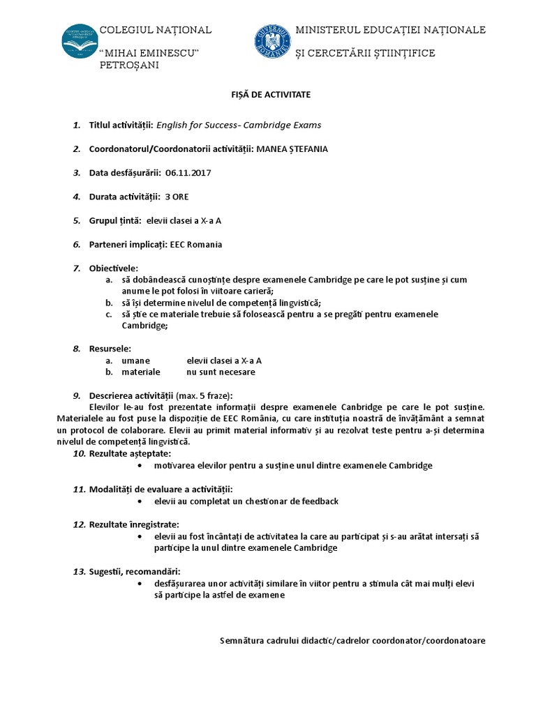 Fisa de Activitate Scoala Altfel 2017-2018 - A1 | PDF
