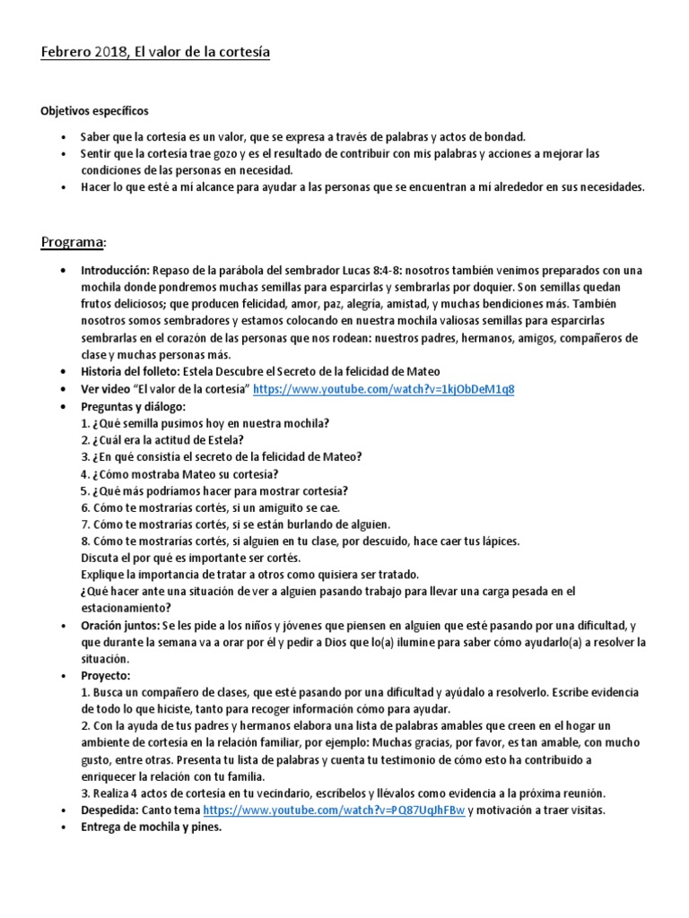 Febrero 2018 El Valor de La Cortesía | PDF | Oración | Felicidad