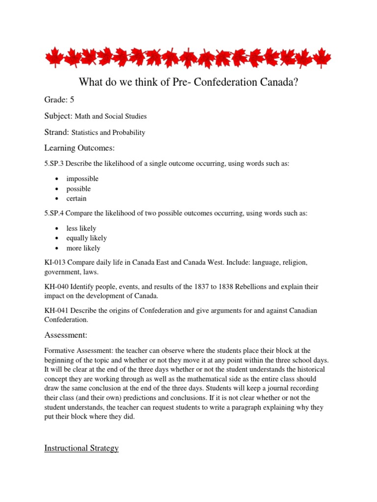 Pre-Confederation Canada Math Activity | PDF | Question | Students