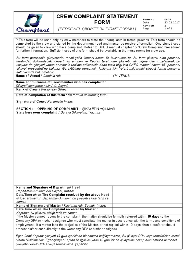 0807 Crew Complaint Statement Form | PDF
