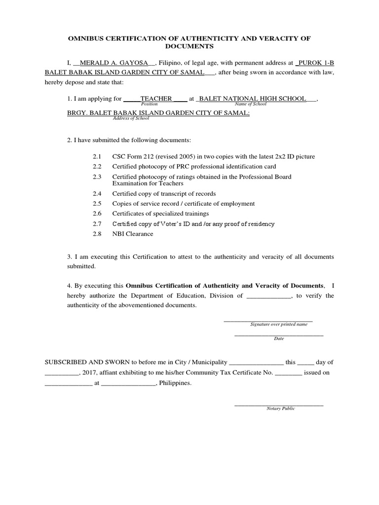 Omnibus Certification of Authenticity and Veracity of Documents | PDF