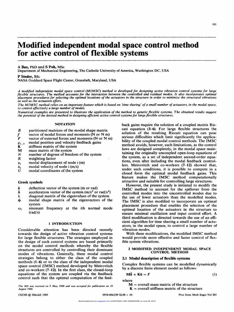 Modified Independent Modal Space Control Method For Active Control of Flexible Systems | PDF ...