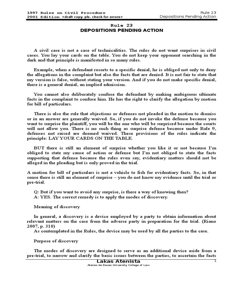 Rule 23 - Depositions Pending Action | Deposition (Law) | Witness ...