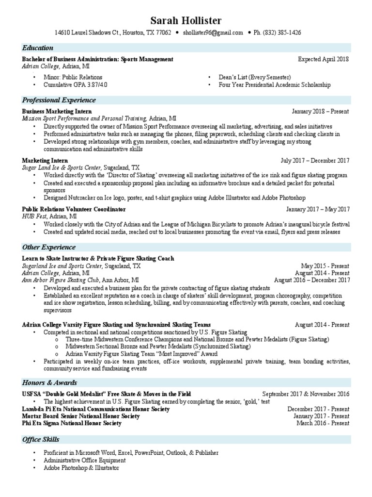 Sarah Hollister Resume | PDF | Figure Skating | Sports
