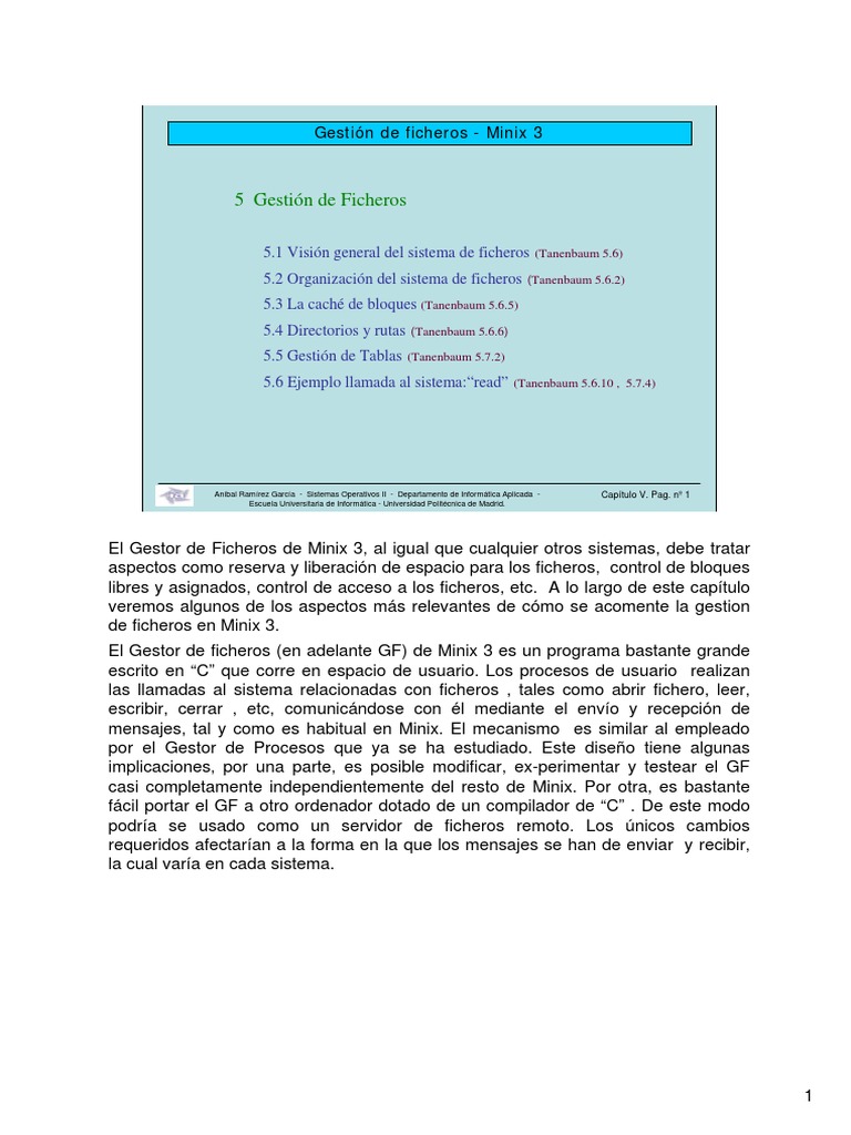 Gestion de Ficheros en Minix-3 | PDF | Archivo de computadora | Sistema operativo