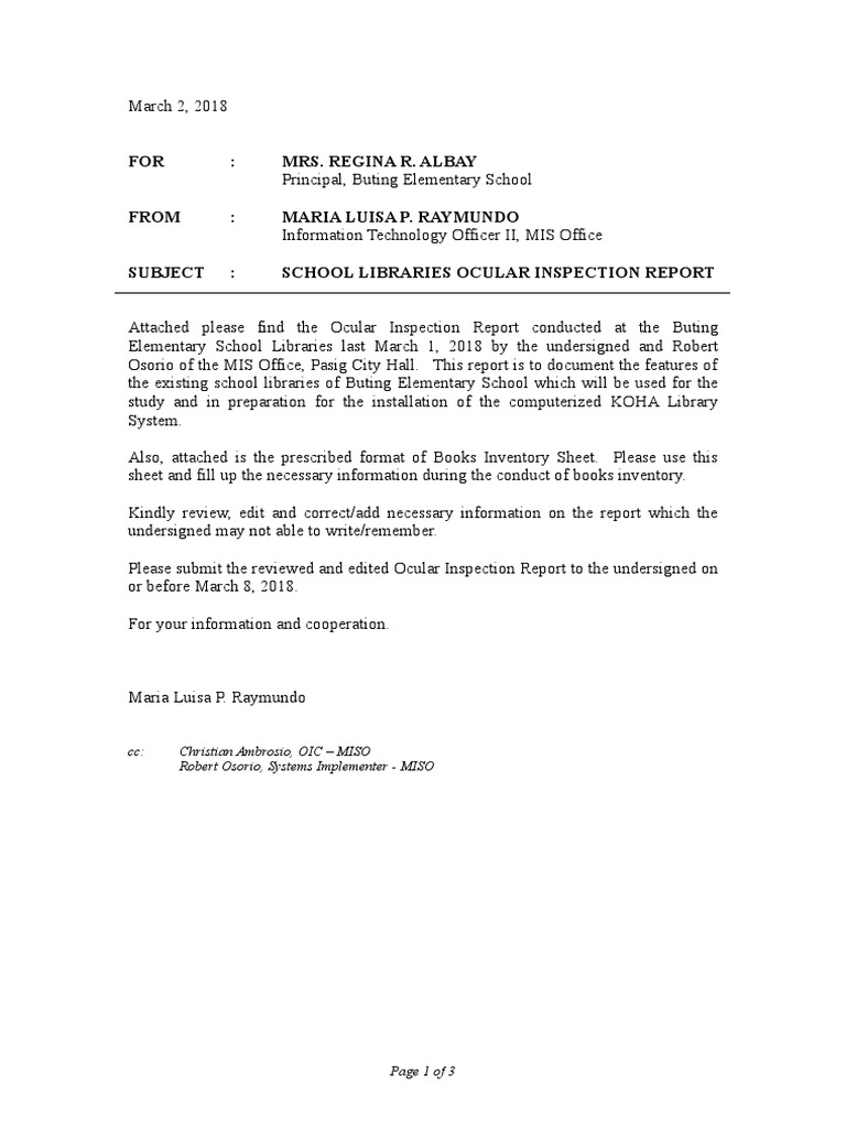 Ocular Inspection Report - Buting Elem Libraries | PDF | Libraries ...