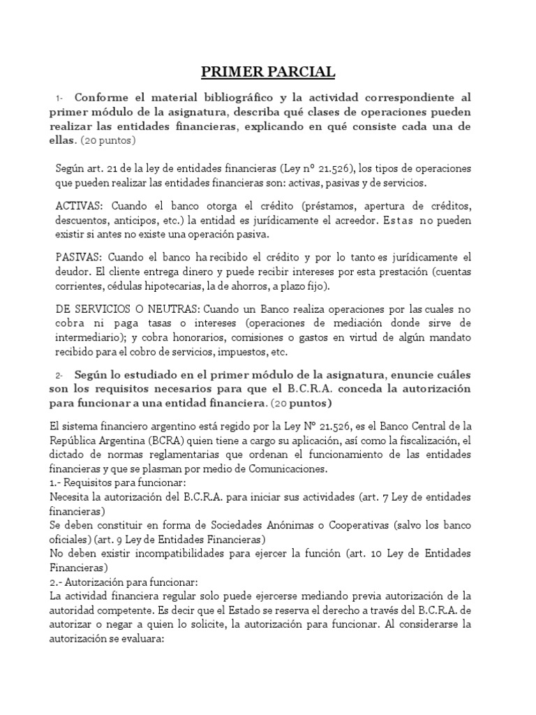 Primer Parcial DERECHO BANCARIO | PDF | Cheque | Bancos