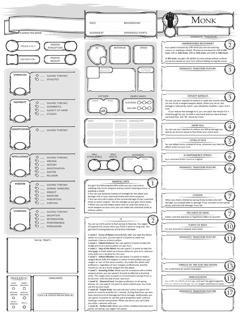 Class Character Sheet Monk V11 Fillable | PDF