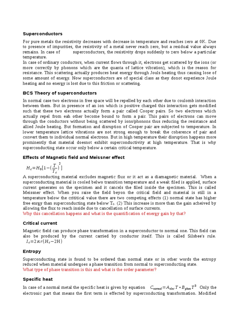Super Conductivity Notes Pdf Superconductivity Electrical