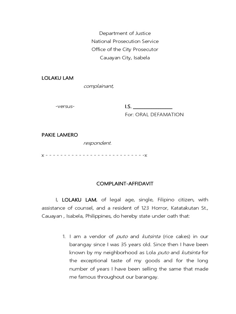 Oral Defamation Complaint Affidavit | PDF | Defamation | Affidavit