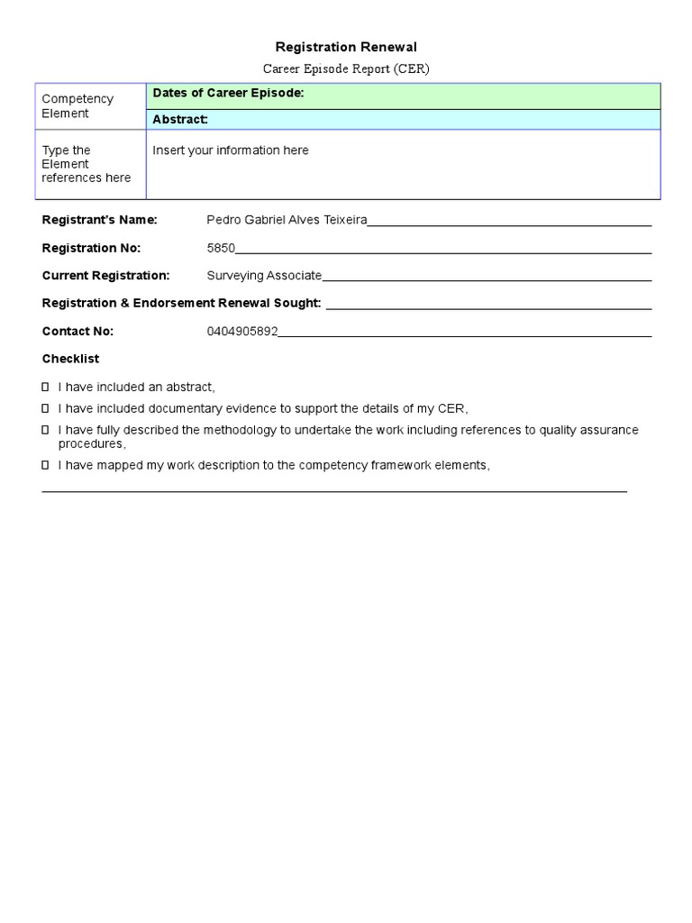 Career Episode Report (CER) : Registration Renewal | PDF