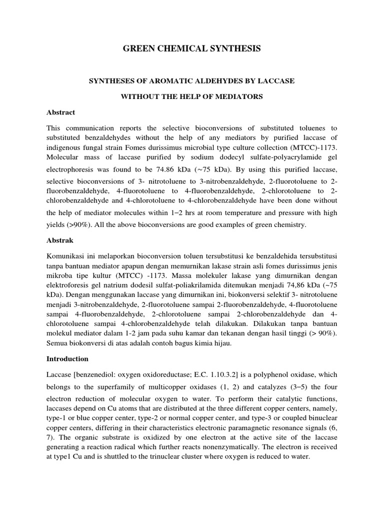 Green Chemical Synthesis | Download Free PDF | Thiol | Chemical Reactions