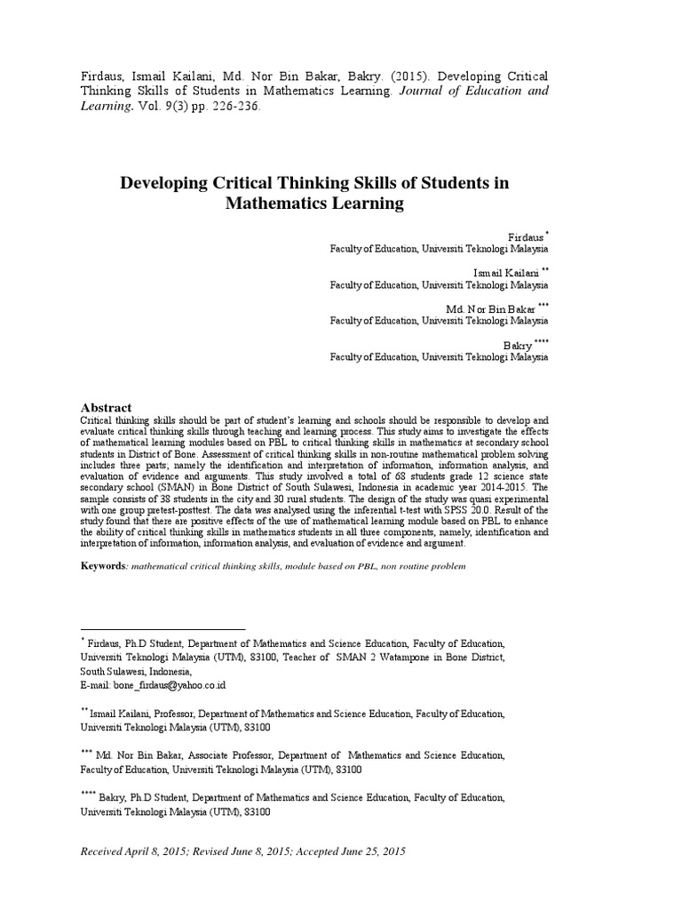 Developing Critical Thinking Skills of Students in Mathematics Learning ...