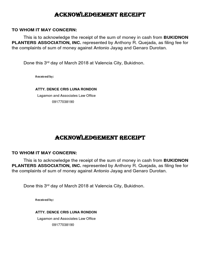 Acknowledgement Receipt Bpa | PDF