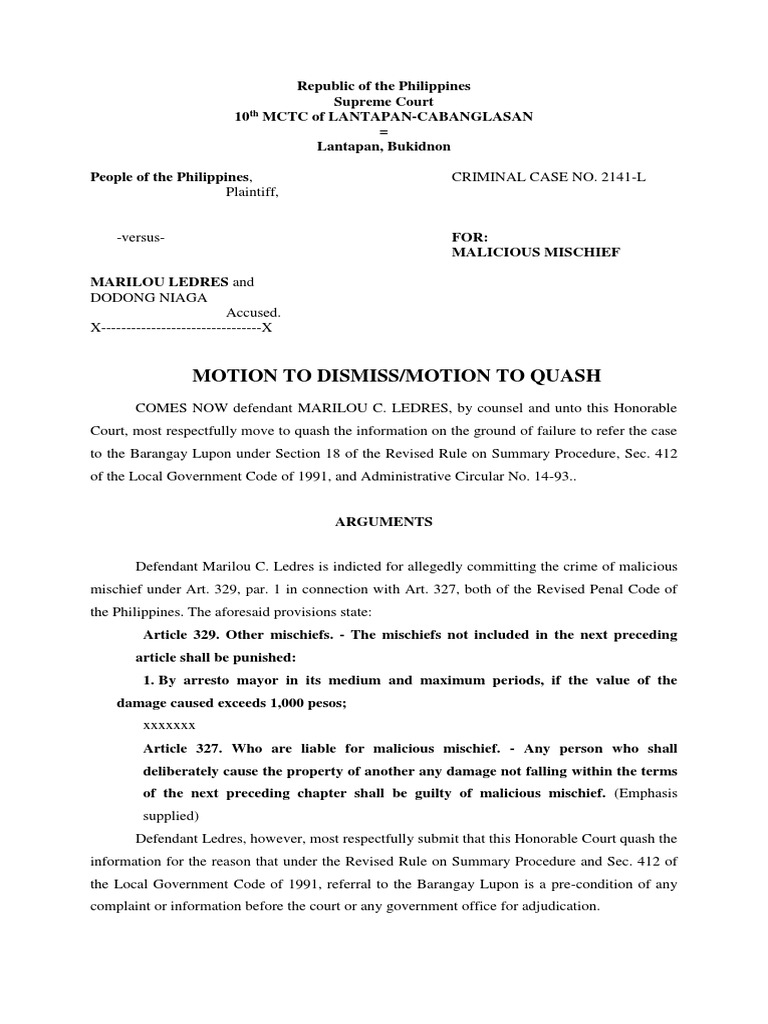 Motion to Dismiss Criminal Charges of Malicious Mischief Due to Failure to Refer the Case to the ...