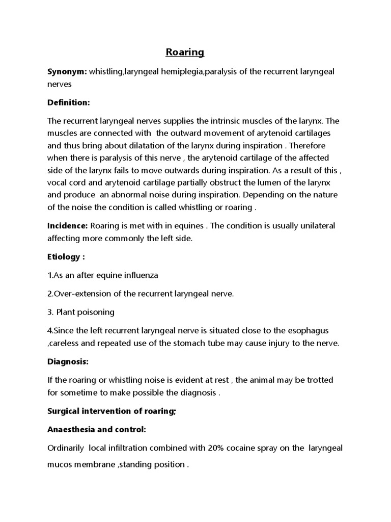 Roaring: Synonym: Whistling, Laryngeal Hemiplegia, Paralysis of The ...