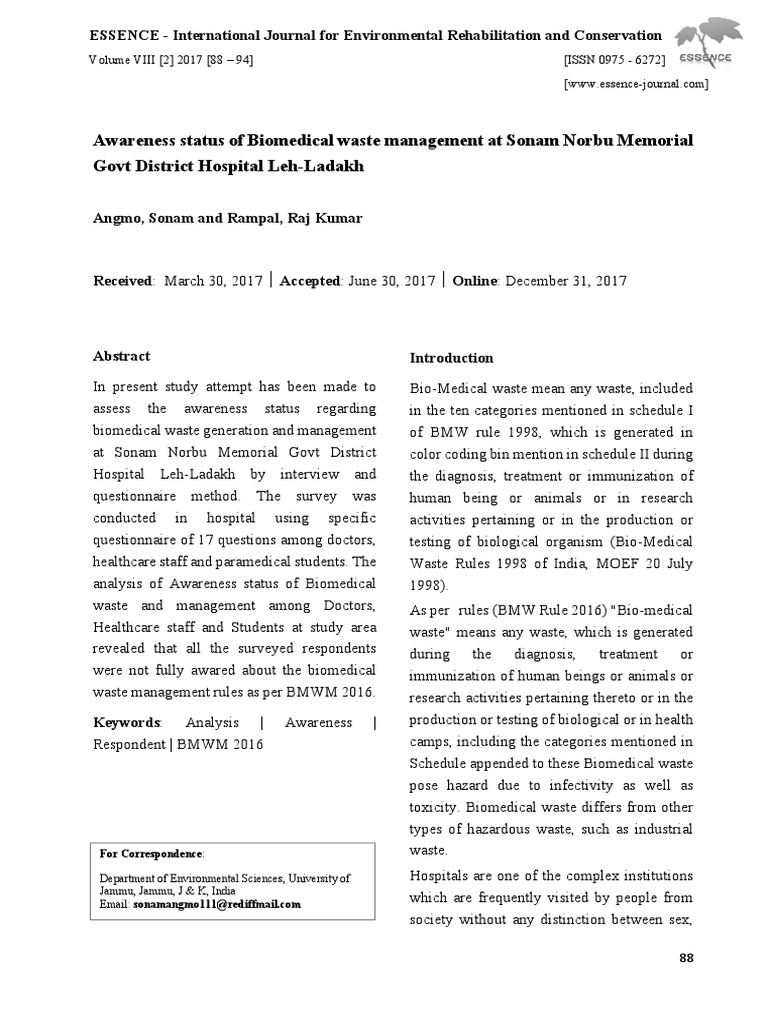Awareness Status of Biomedical Waste Management at Sonam Norbu Memorial Govt District Hospital ...