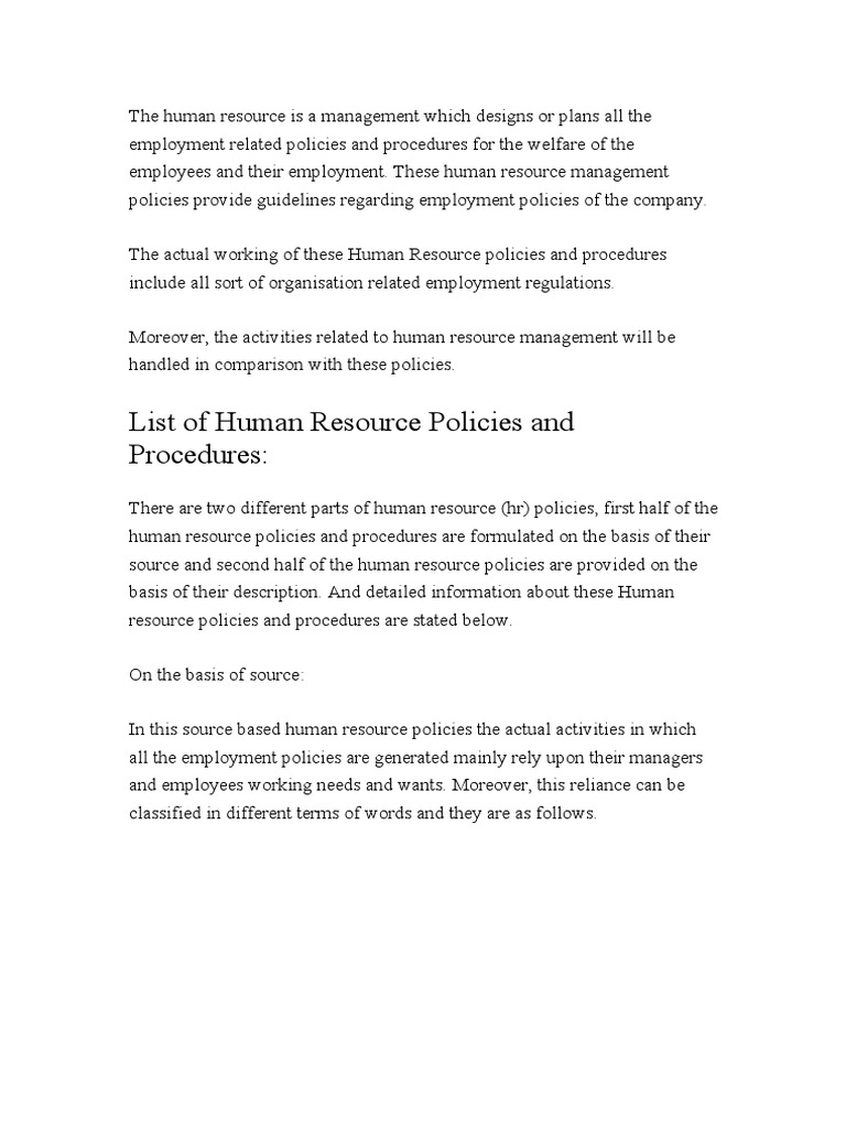List of Human Resource Policies and Procedures | PDF
