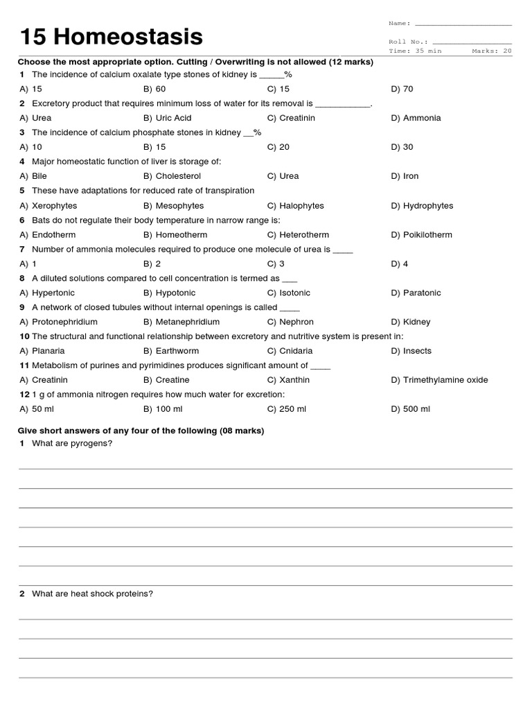 15 Homeostasis: Name | PDF | Homeostasis | Biology