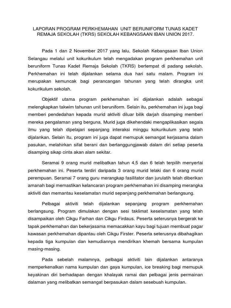 Laporan Program Perkhemahan Unit Beruniform Tunas Kadet Remaja Sekolah ...
