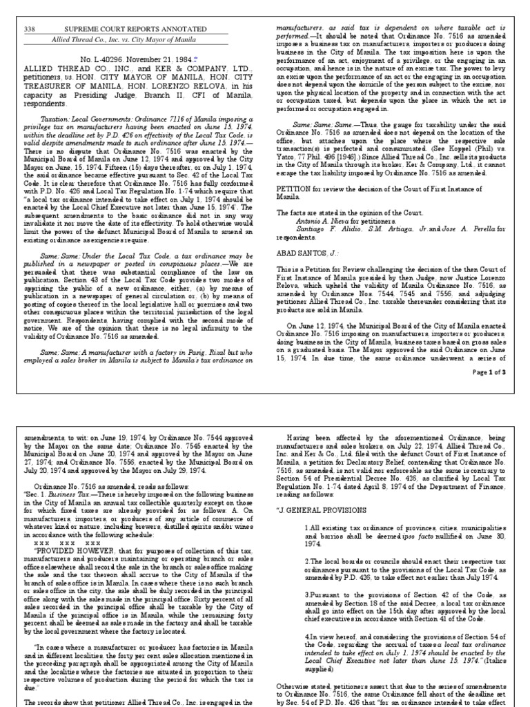 Allied Thread Co., Inc Vs City Mayor of Manila | PDF | Excise | Taxation