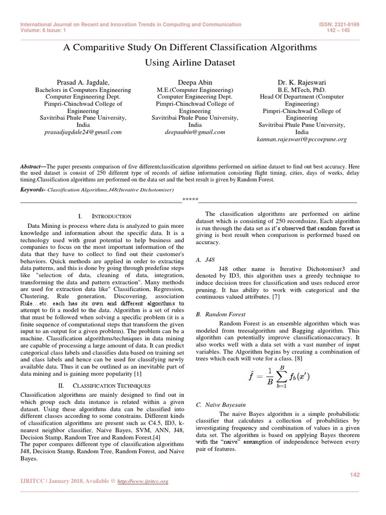A Comparitive Study On Different Classification Algorithms Using Airline Dataset | PDF ...
