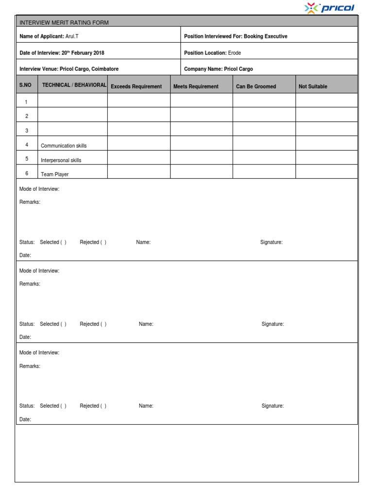 Interview Merit Rating Form-Arul | PDF