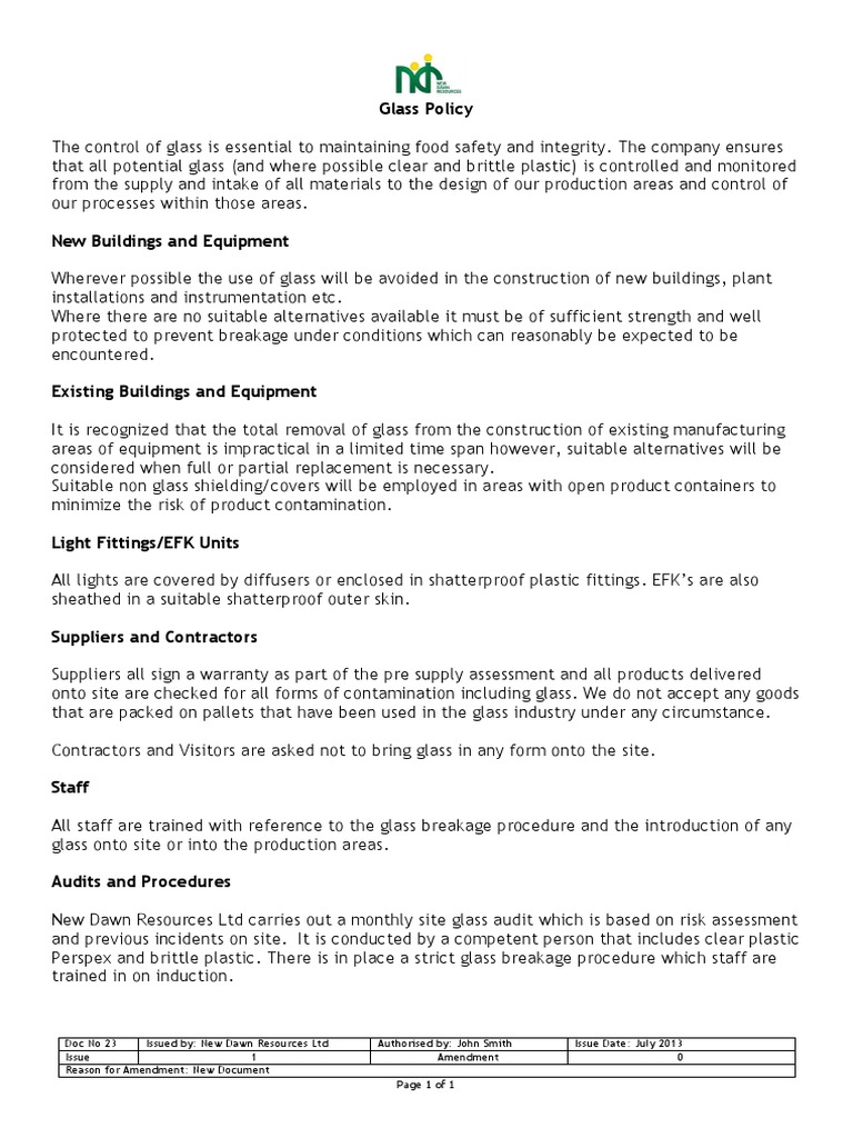 Glass Policy Sample | PDF | Glasses | Plastic