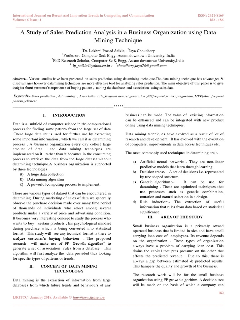 A Study of Sales Prediction Analysis in A Business Organization Using Data Mining Technique ...