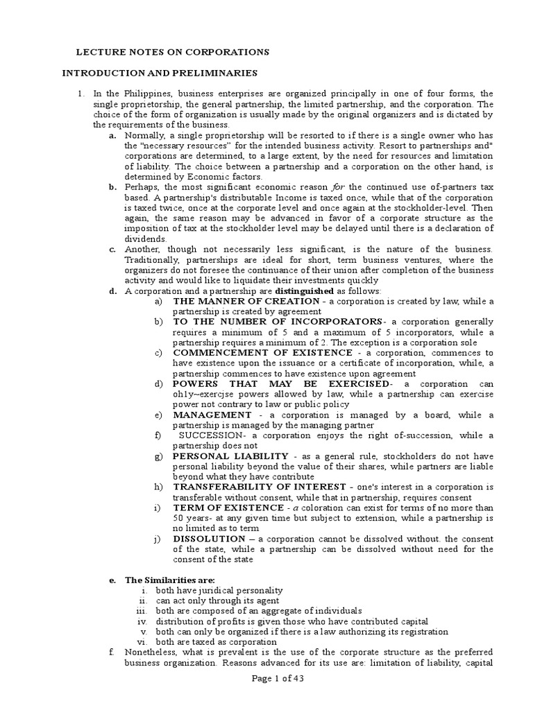 NOTES Corporation Law | PDF | Corporations | Partnership