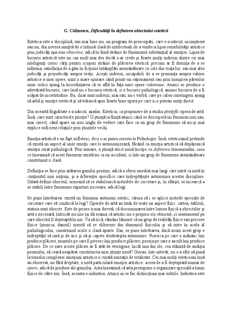 Sem 1 G Calinescu Principii De Estetica PDF