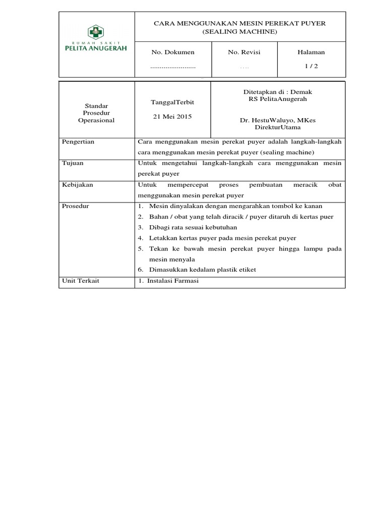 SOP Cara Menggunakan Mesin Perekat Puyer (Sealing Machine) | PDF