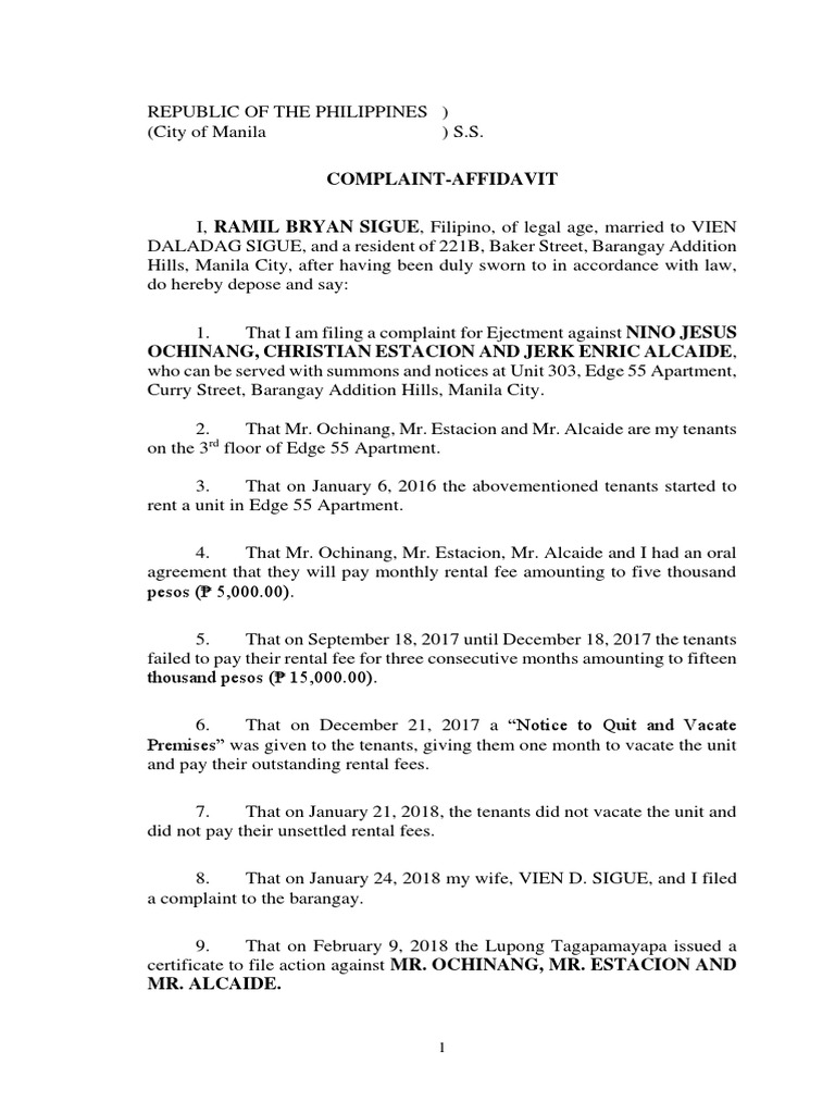 Complaint Affidavit Sample For Adr | PDF | Affidavit | Lease