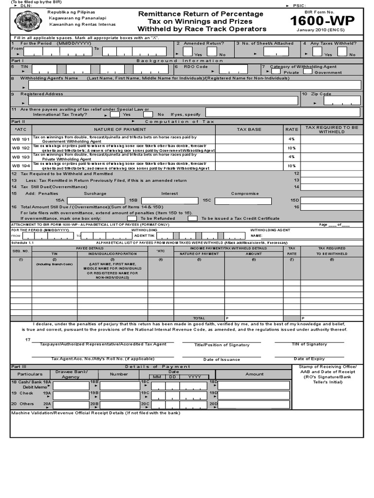 BIR Form 1600WP | PDF | Withholding Tax | Payments