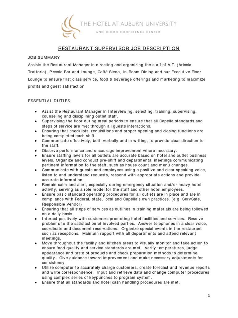 Restaurant Supervisor Job Overview | PDF | Restaurants | Employment