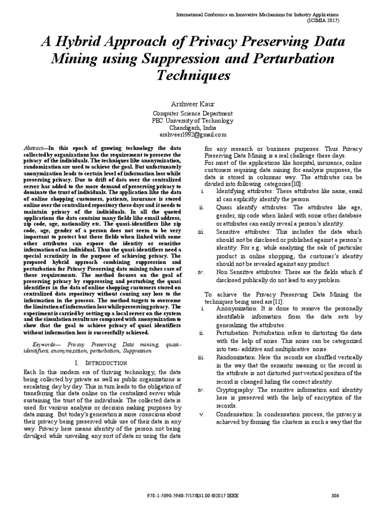 A Hybrid Approach Of Privacy Preserving Data Pdf Privacy Data Mining