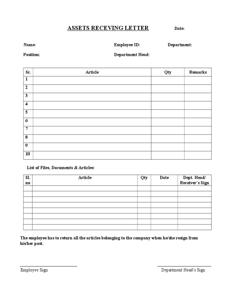 Assets Receving Letter: Employee Sign Department Head's Sign | PDF