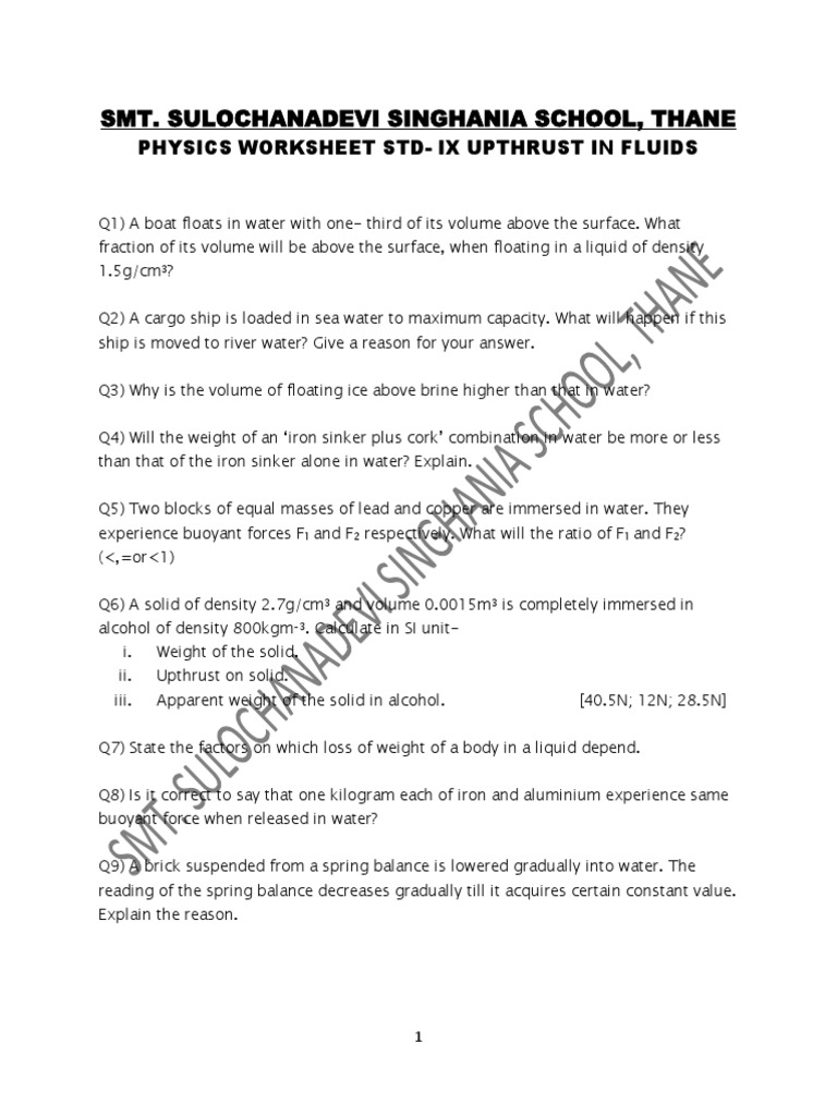Physics Worksheet: Upthrust in Fluids | PDF | Buoyancy | Density