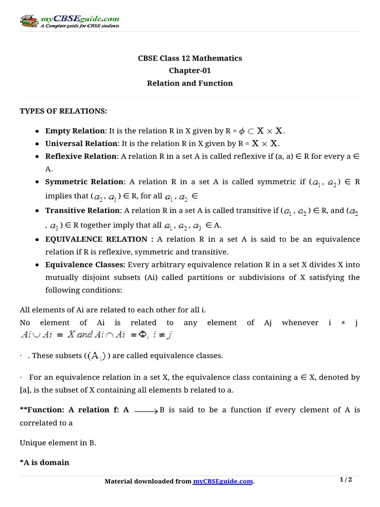 12 Maths Key Notes CH 01 Relations and Functions | PDF | Function ...