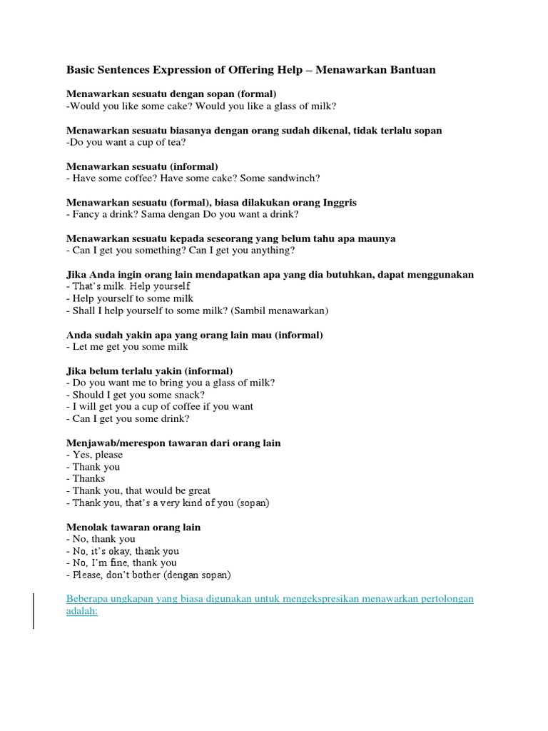 Basic Sentences Expression of Offering Help | PDF | Minuman | Minuman